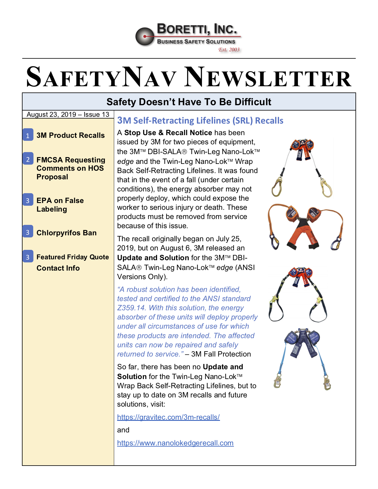 SafetyNav Newsletter #13 - Boretti, Inc.