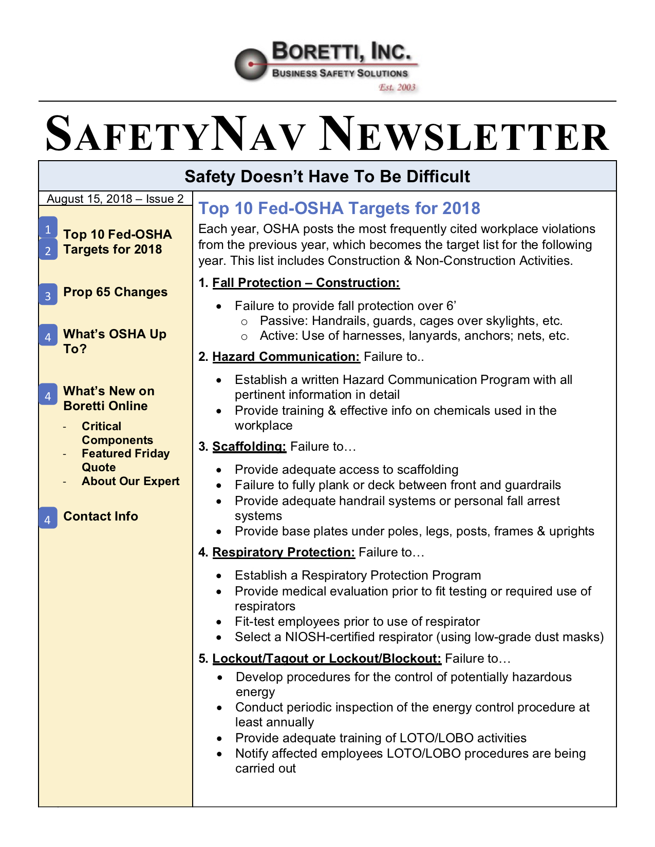 SafetyNav Newsletter #2 - Boretti, Inc.