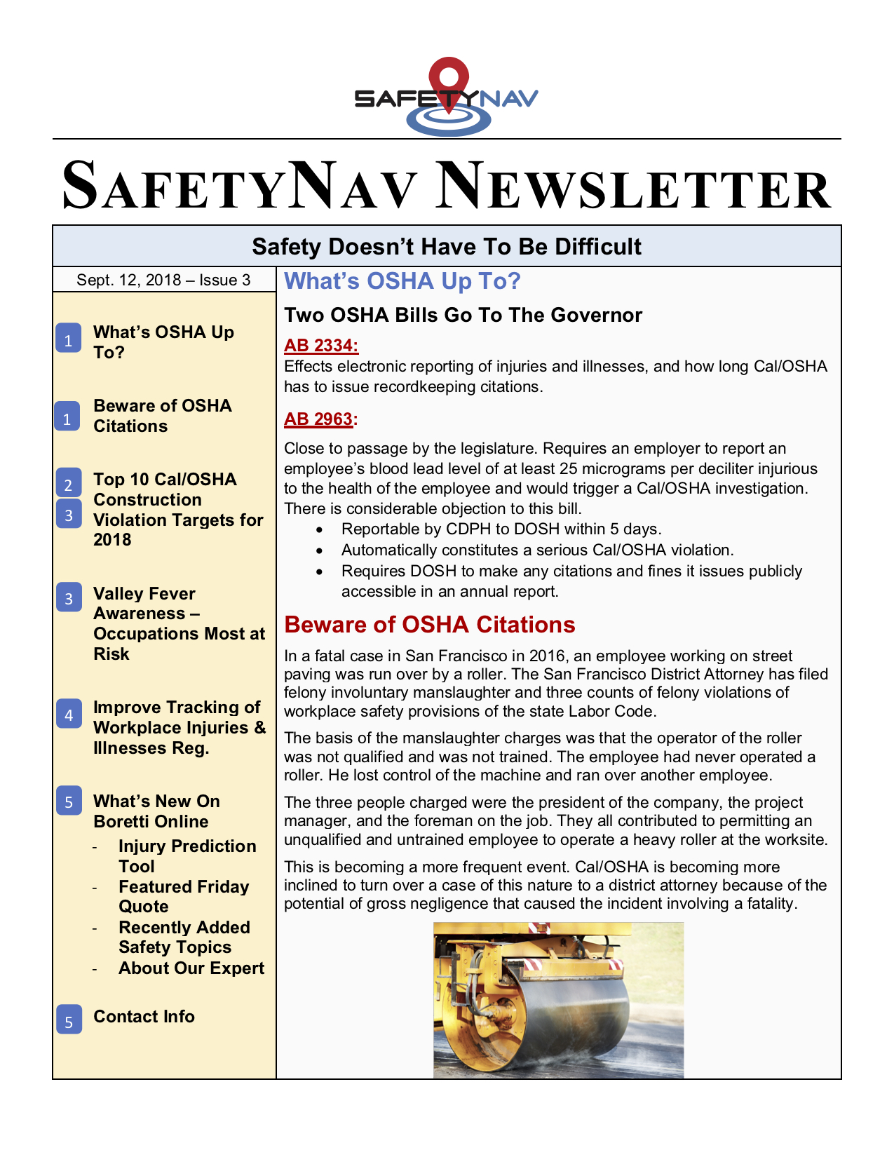 SafetyNav Newsletter #3 - Boretti, Inc.