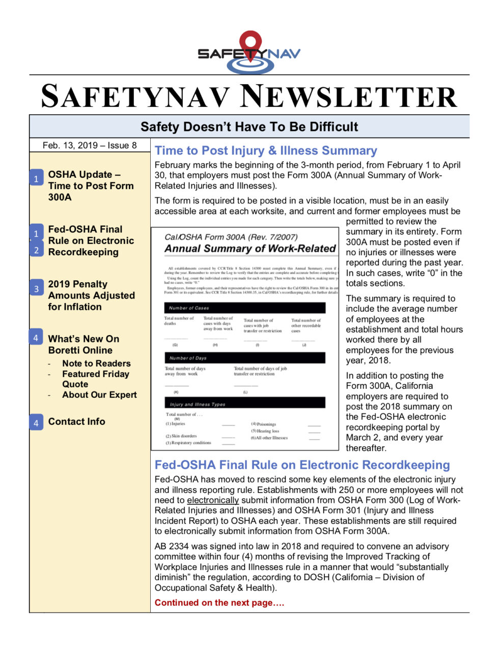SafetyNav Newsletter #8 - Boretti, Inc.